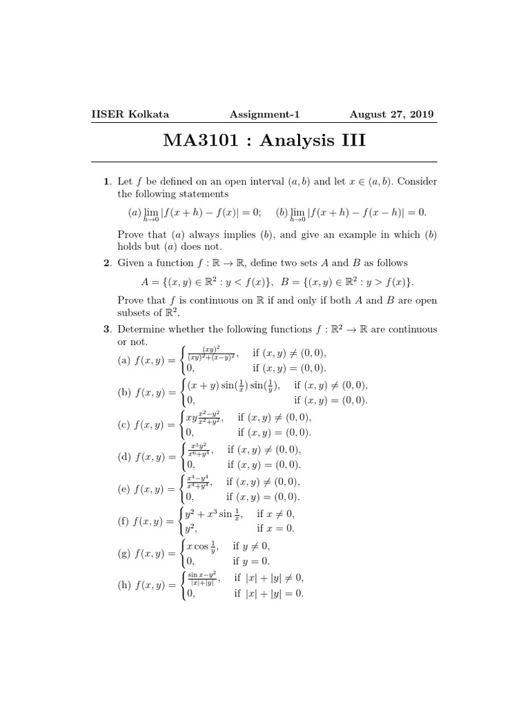 MA3101: Analysis III: IISER Kolkata Assignment-1 August 27, 2019 | PDF | Metric Space ...