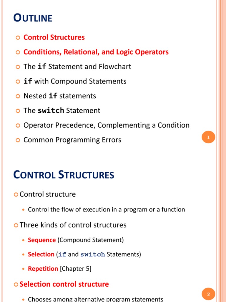Utline: Control Structures Conditions, Relational, and Logic Operators | PDF | Control Flow | Logic