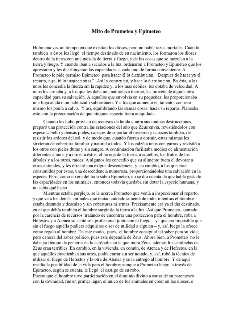 Mito de Epimeteo y Prometeo | PDF | Prometeo | Homo Sapiens