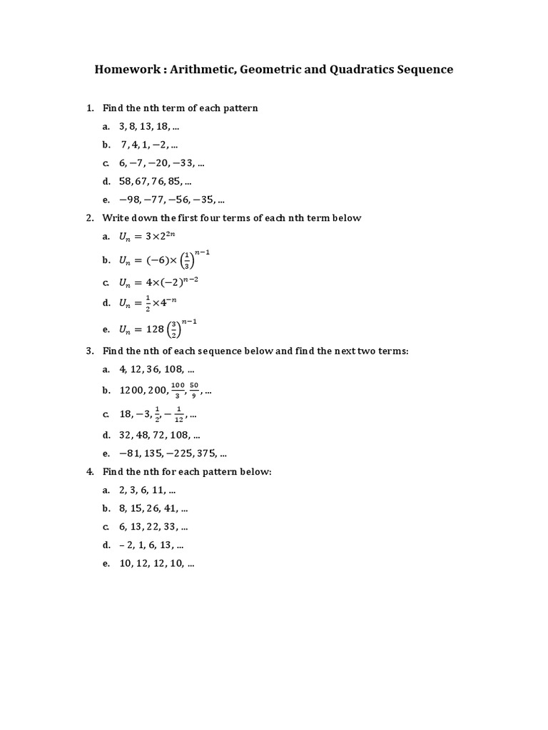 Arithmetic, Geometric and Quadratics Sequence Practice | PDF | Teaching ...