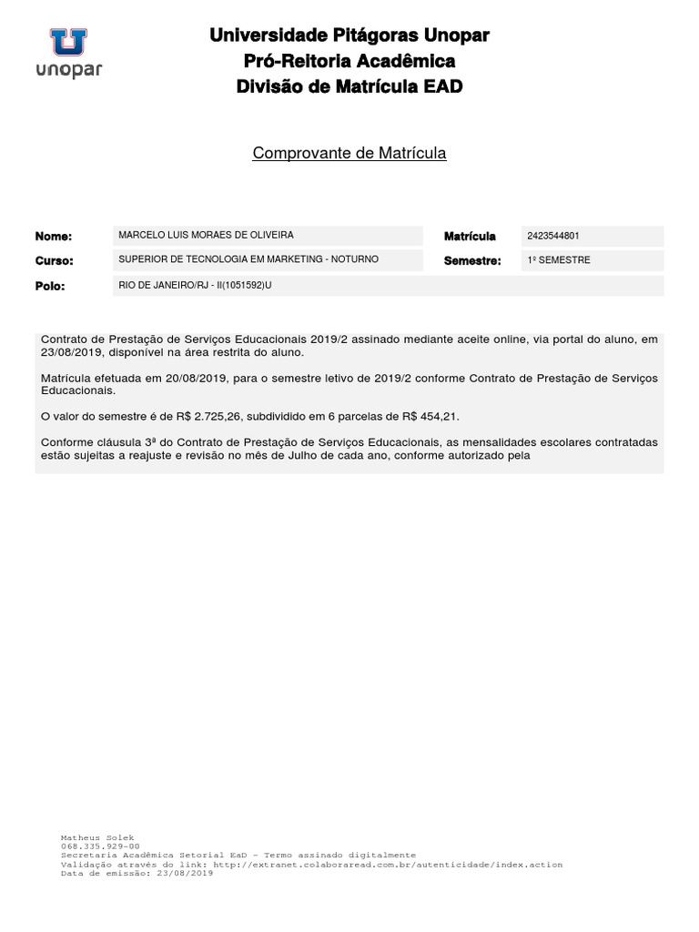 Comprovante Matricula 2423544801 | PDF