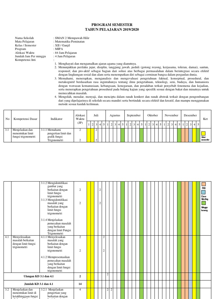 Prosem Kelas Xii Matematika Peminatan 2019-2020 | PDF
