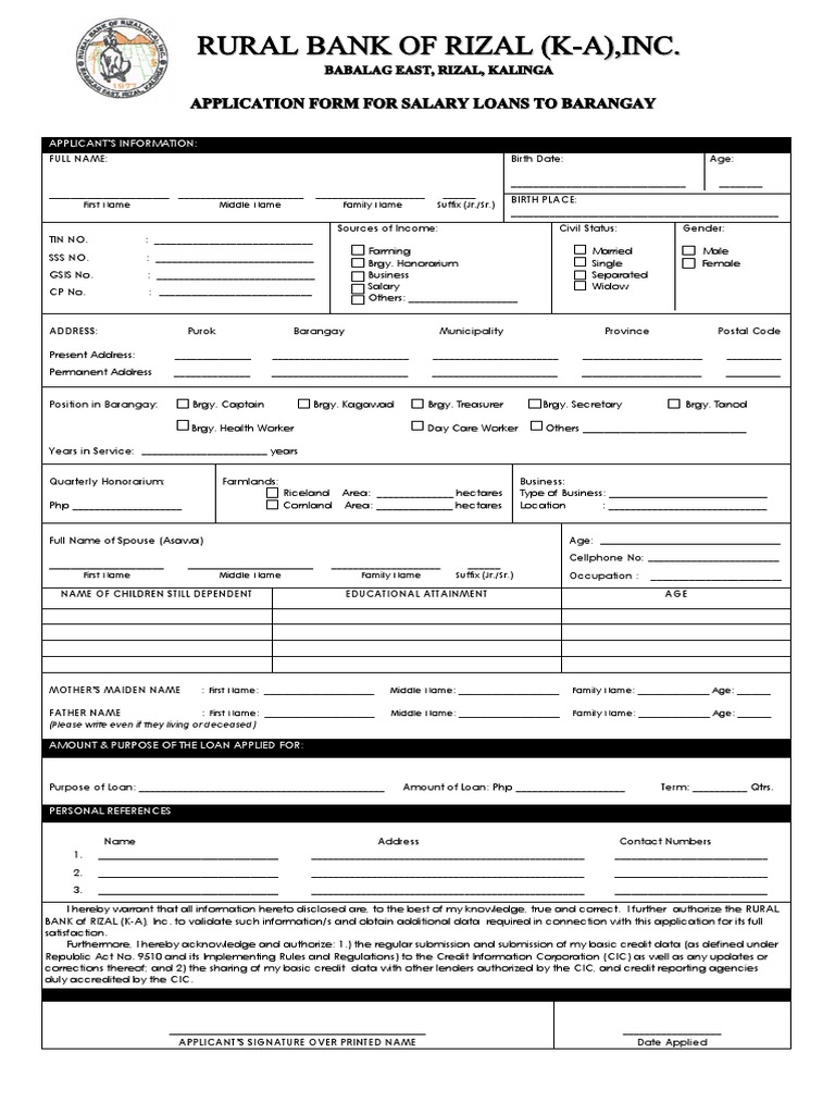 Application Form For Brgy. | PDF | Loans | Credit Bureau