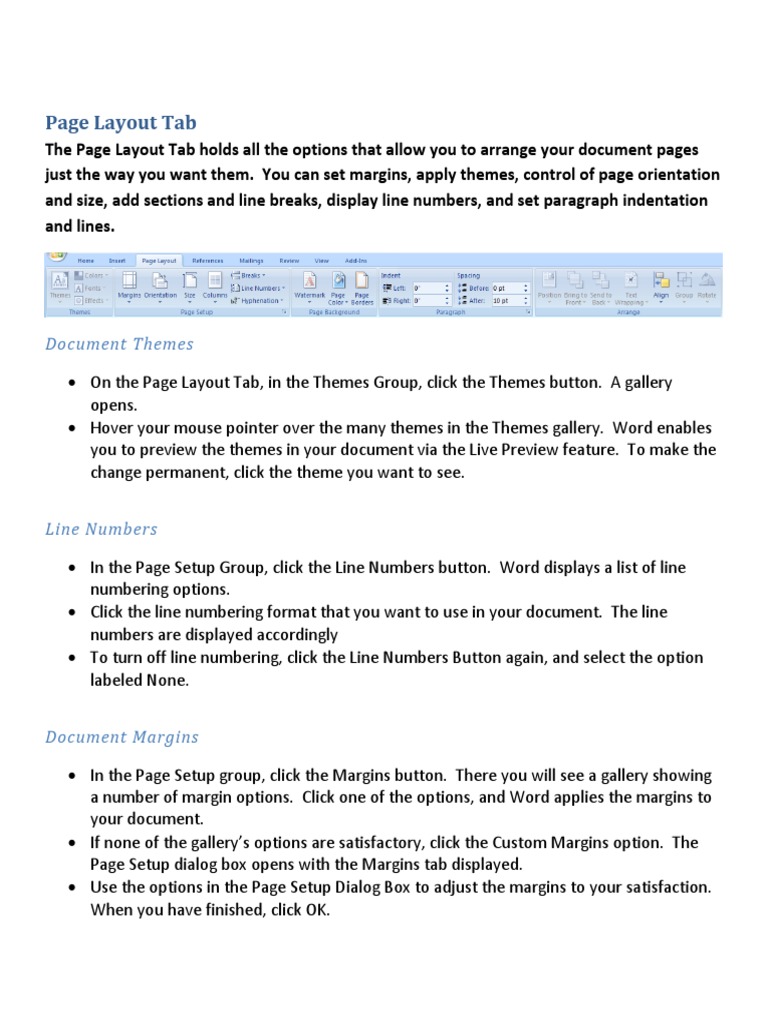 Page Layout Tab: Document Themes | PDF | Paragraph | Page Layout
