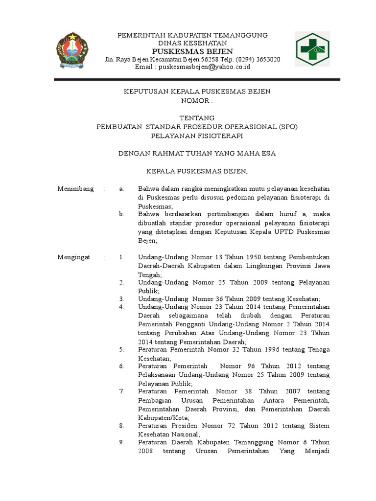 SK Kepala Puskesmas Tentang Pelayanan Fisioterapi | PDF