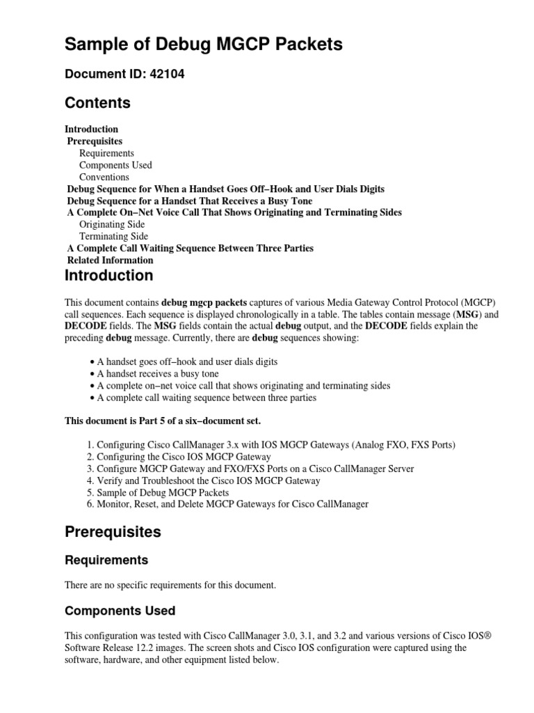 Sample of Debug MGCP Packets | PDF | Internet Standards | Network Protocols