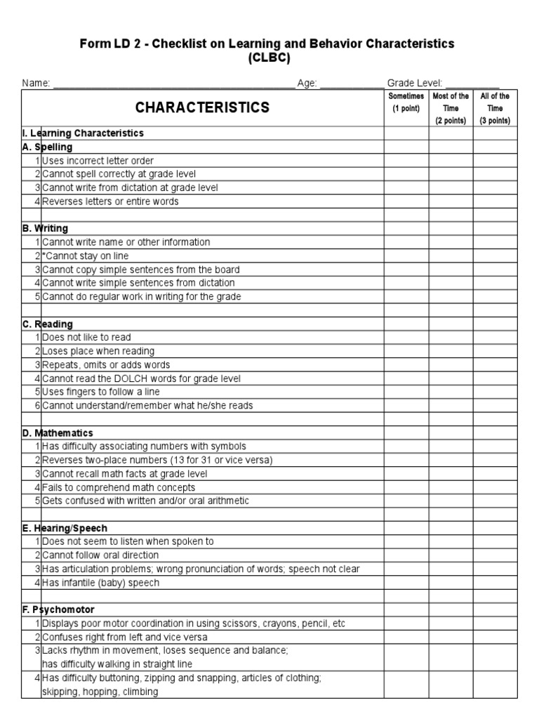 Form LD 2 Checklist Assessment | PDF | Learning Disability | Attention