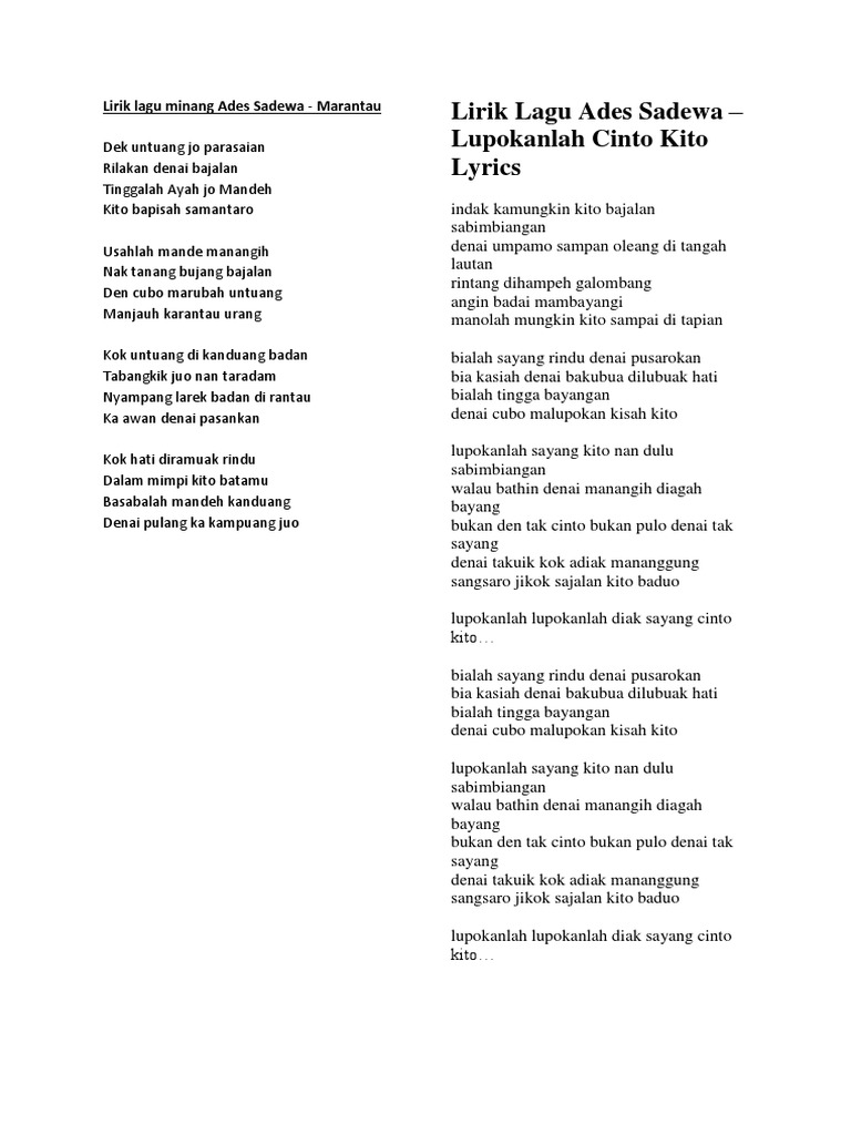 Lirik Lagu Minang Ades Sadewa | PDF