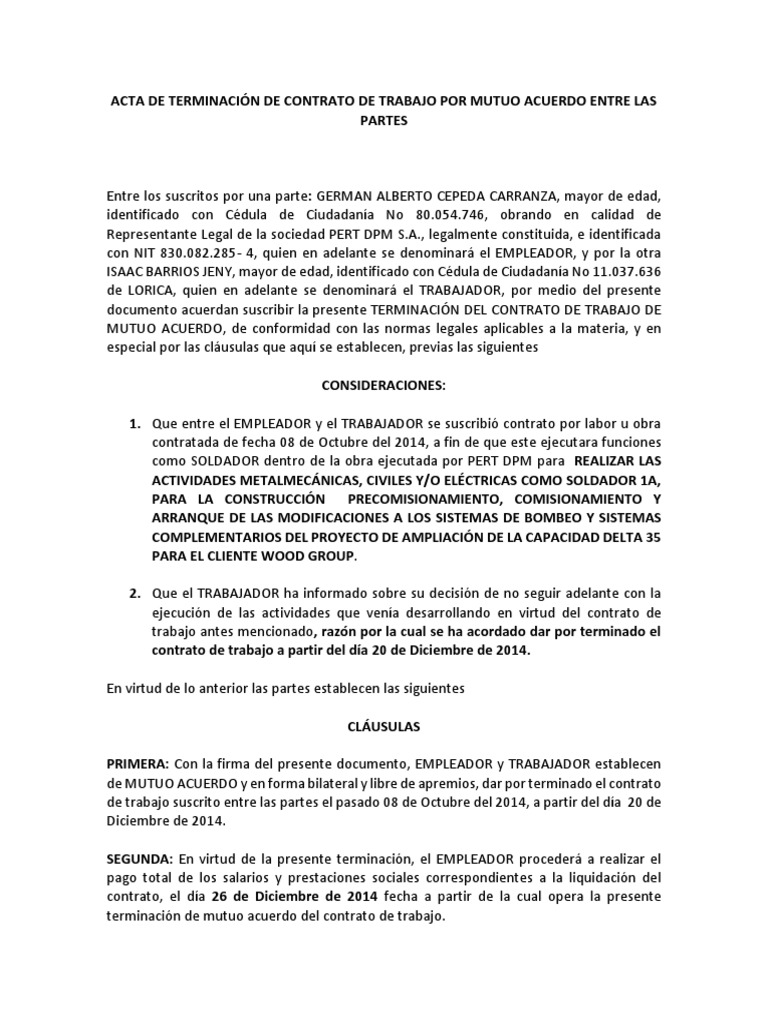 Acta de Terminacion de Mutuo Acuerdo de Contrato de Trabajo | PDF ...