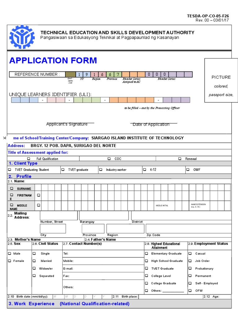 Application Form: Technical Education and Skills Development Authority ...