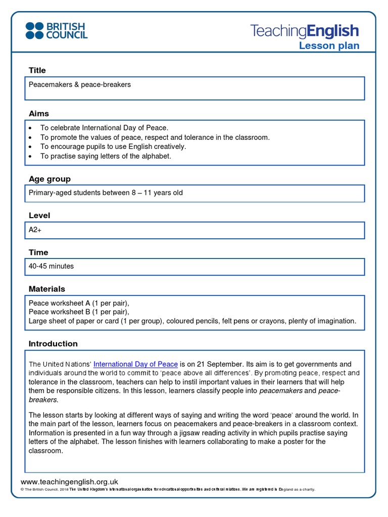 World Peace Day Lesson Plan | PDF | Peace | Lesson Plan
