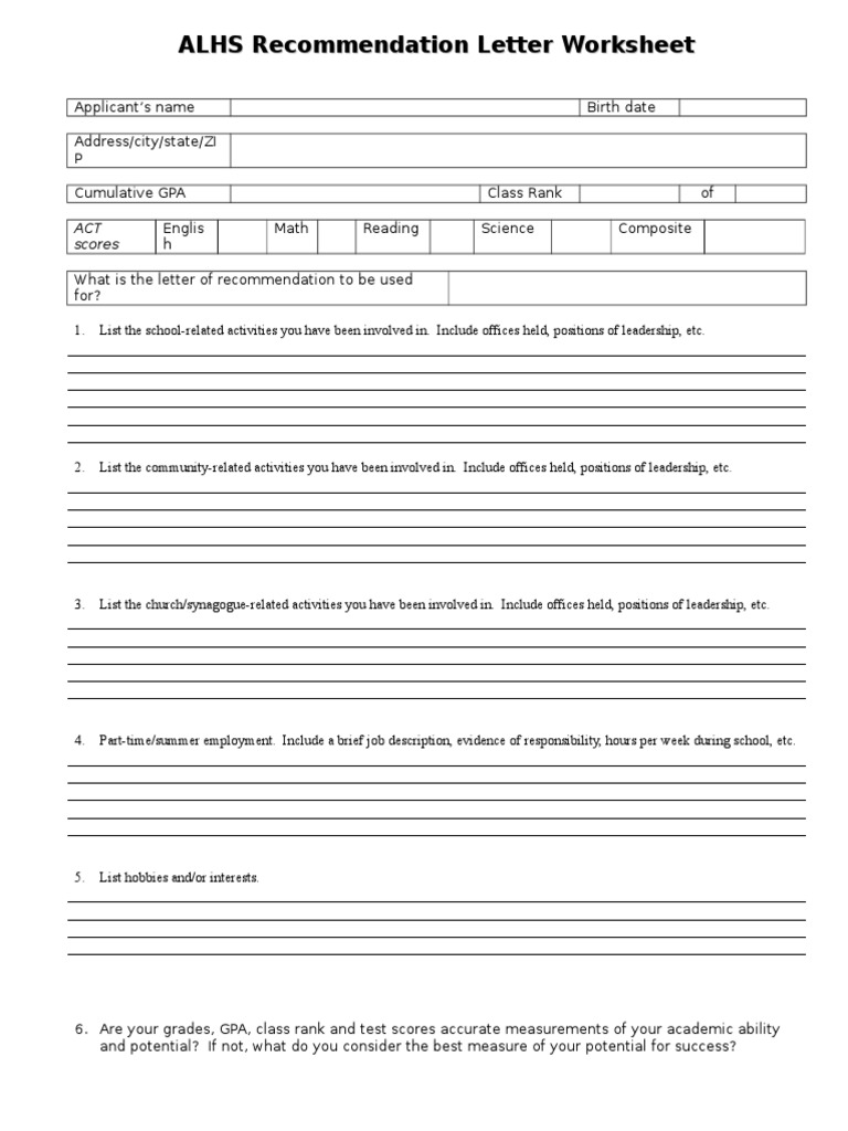 Recommendation Letter Worksheet | PDF | Career & Growth | Language Arts ...