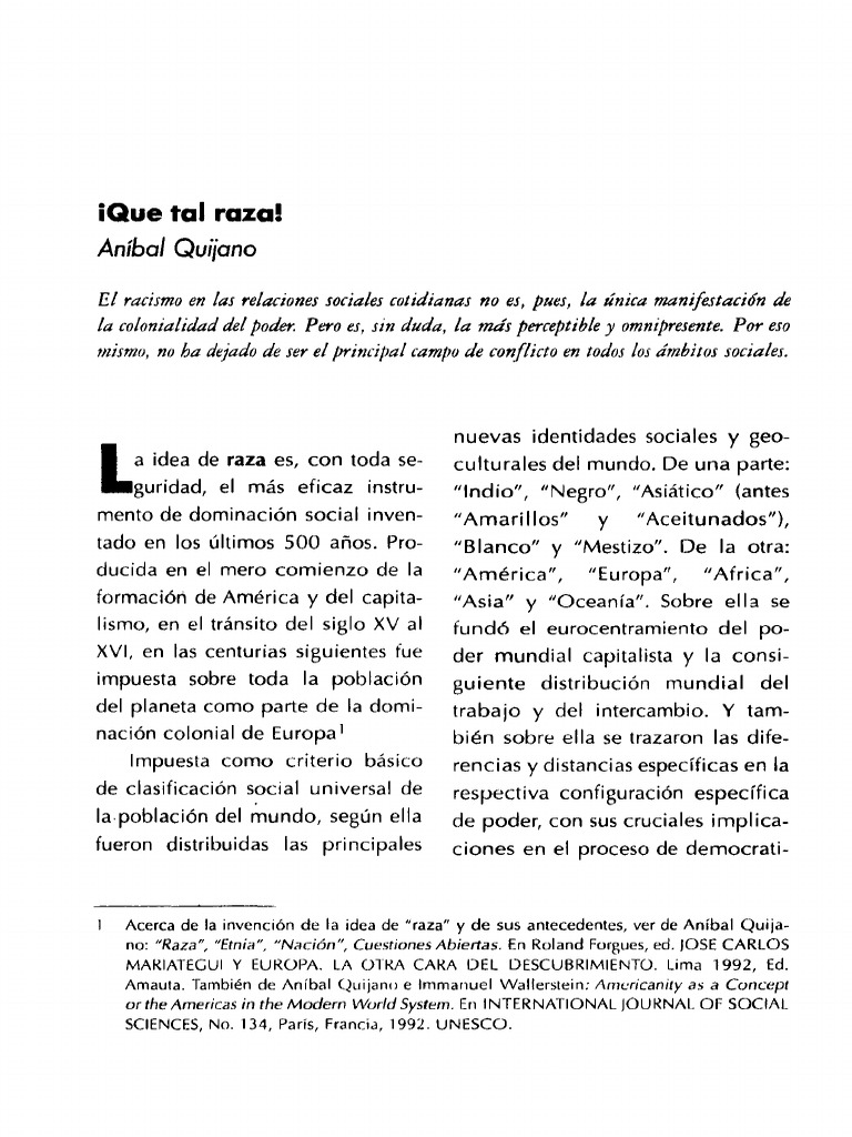 !que Tal Raza! - Anibal Quijano | PDF | Racismo | Discriminación y ...