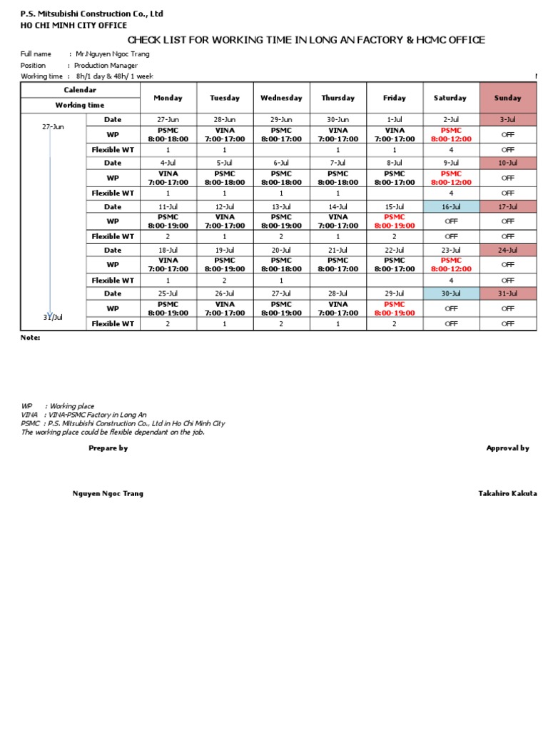 Working Form-Hcmc Office - July 2016 Trang | PDF