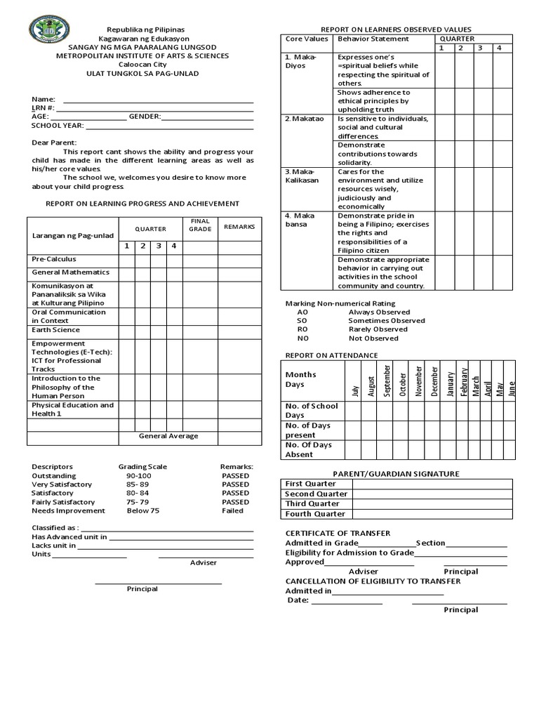 Report-Card MHS - OK | PDF | Value (Ethics) | Learning