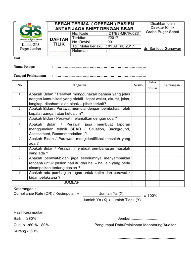 Contoh Daftar Tilik Klinik GPS | PDF