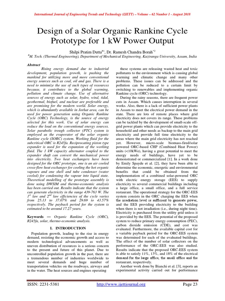Design of A Solar Organic Rankine Cycle Prototype For 1 KW Power Output ...