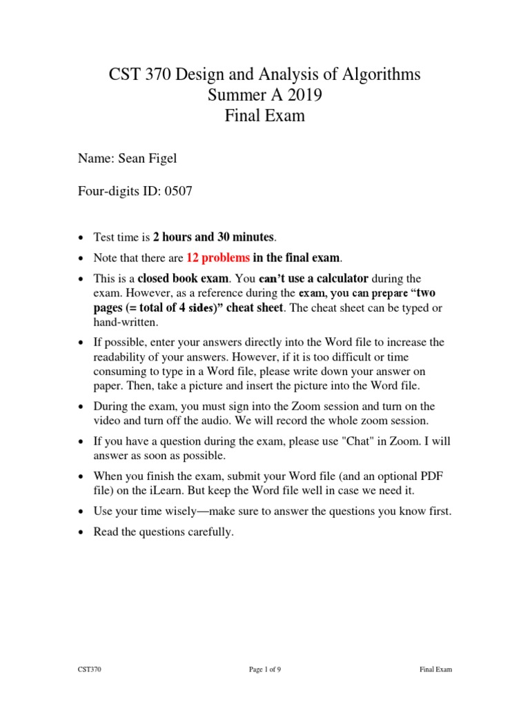 Final Exam Summer A 19 Complete | PDF | Algorithms | Mathematical Logic