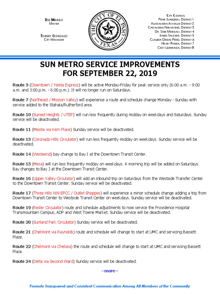 2019.09.13 - Sun Metro Service Changes and Improvements Details | PDF ...