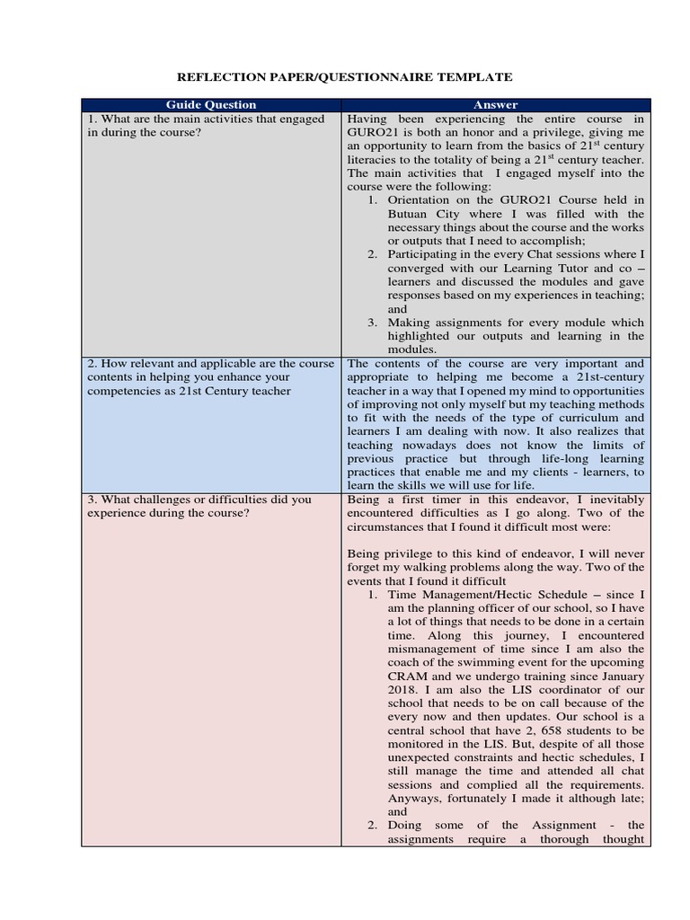 Guide Question Answer: Reflection Paper/Questionnaire Template | PDF ...