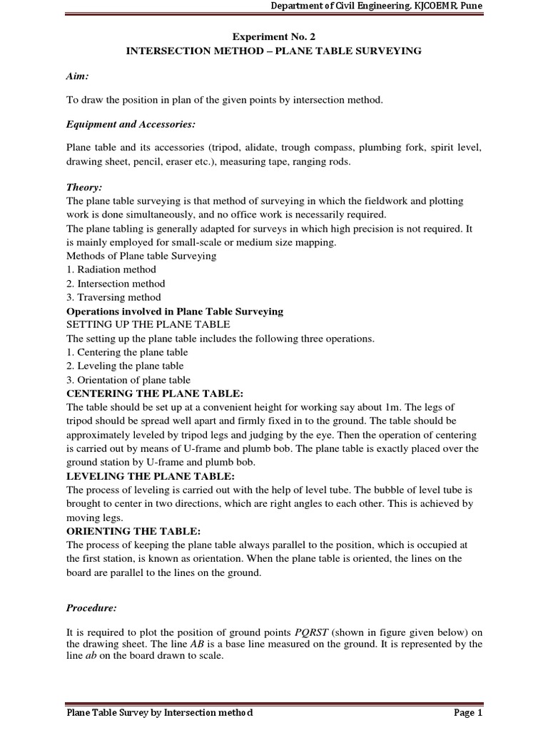 Experiment No. 2 Intersection Method - Plane Table Surveying | Download ...