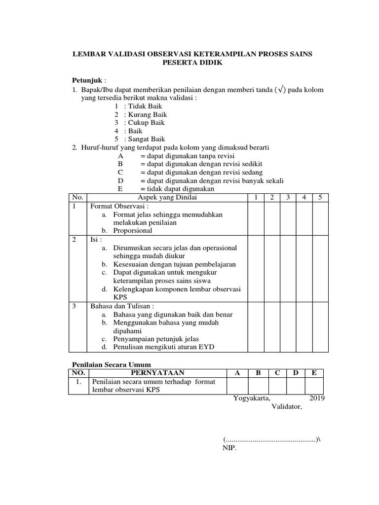Lembar Validasi Observasi Kps | PDF