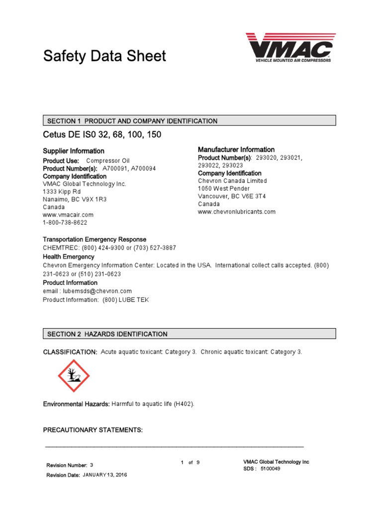 Vmac Oil Sds Sheet | PDF | Toxicity | Dangerous Goods