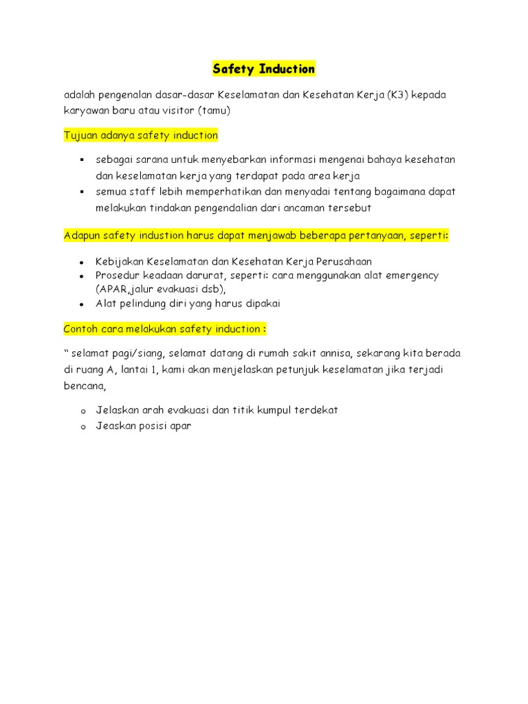 Contoh Safety Induction untuk Karyawan | PDF