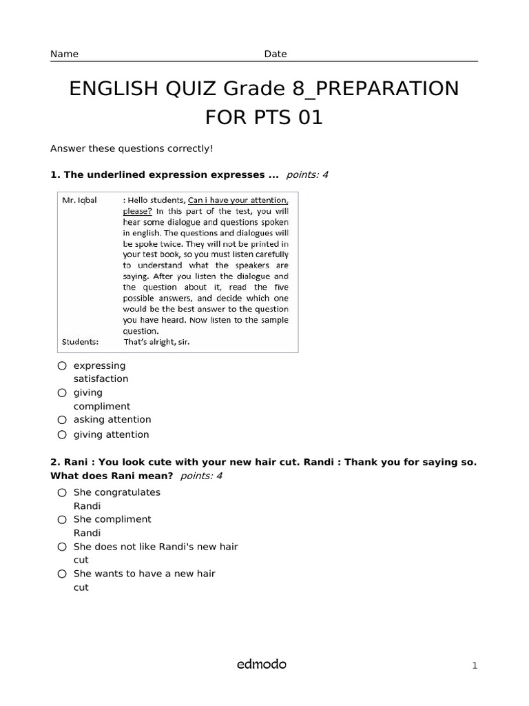 English Quiz Grade 8 - Preparation For Pts 01 | PDF | Career & Growth ...