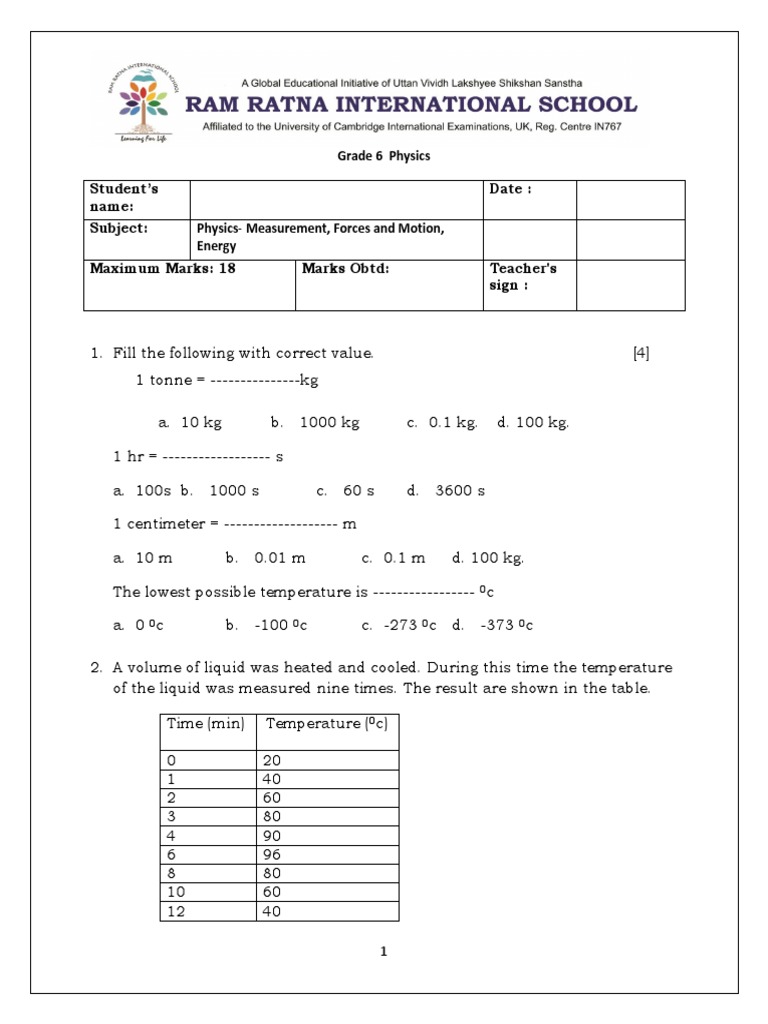 Grade 6 Physics Student's Name: Date: Subject: Physics-Measurement ...