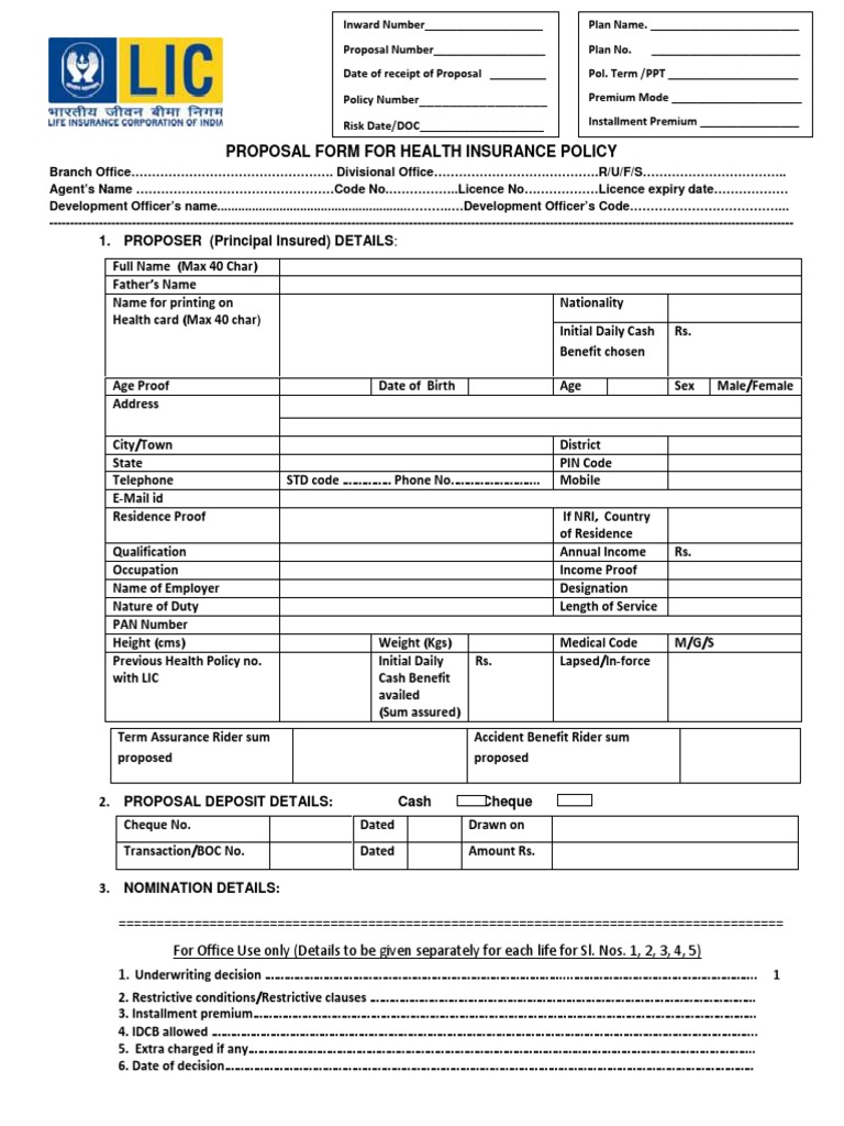 Proposal Form For Health Insurance Policy | PDF | Life Insurance ...