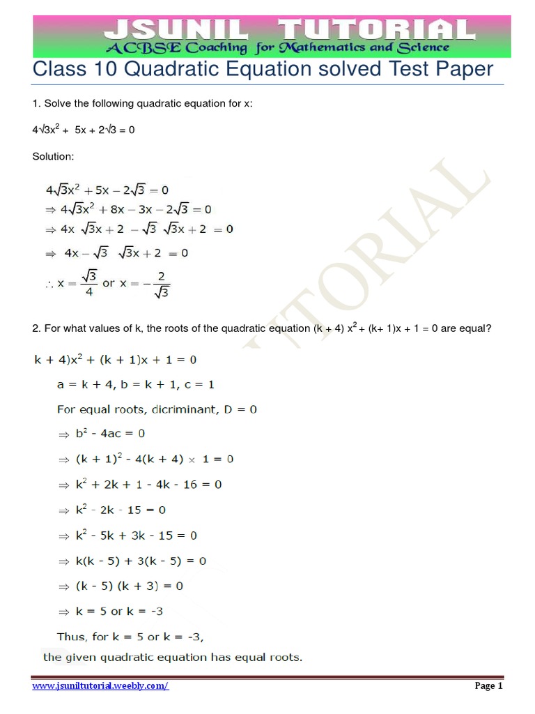 Class 10 Quadratic Equation Solved Test Paper | PDF | Quadratic ...