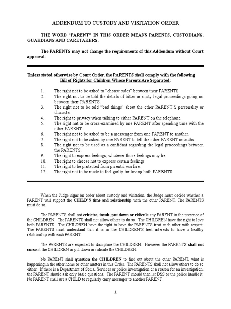 Addendum To Custody And Visitation Order: curse at the CHILDREN or put ...