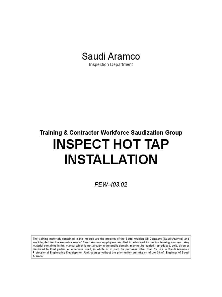 Inspect Hot Tap Installation: Saudi Aramco | PDF | Welding | Construction