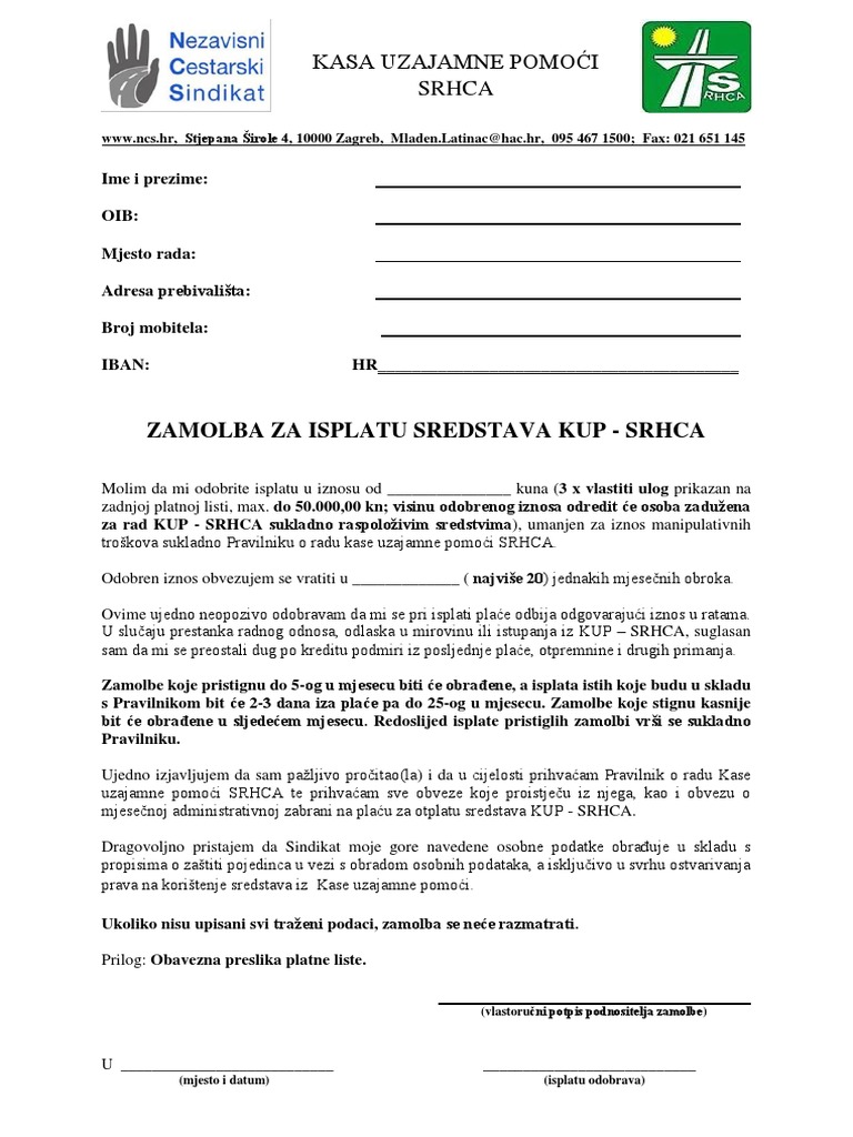 3 Zamolba Za Isplatu Sredstava KUP - SRHCA PDF | PDF