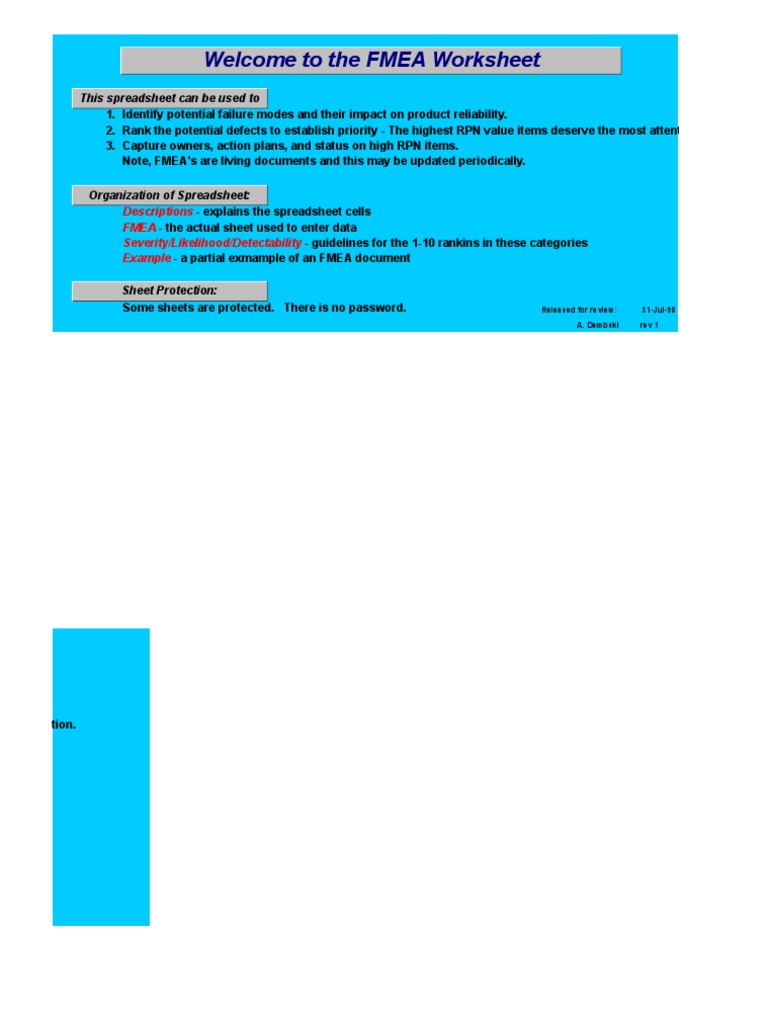 Welcome To The FMEA Worksheet: This Spreadsheet Can Be Used To | PDF ...