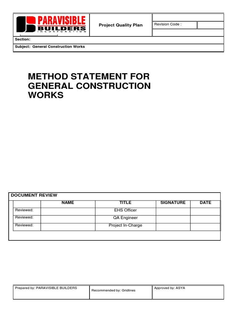 Method Statement For General Construction Works: Project Quality Plan ...