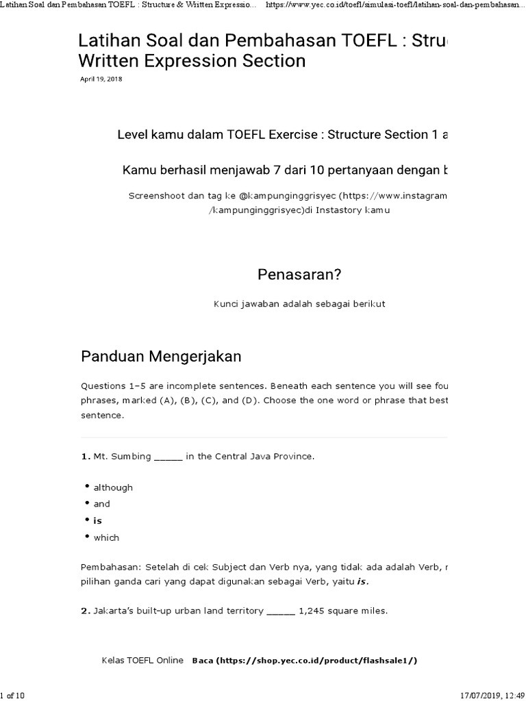 Contoh Soal TOEFL Yec - Co.id | PDF