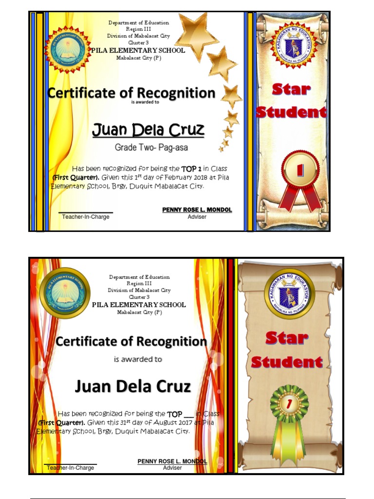 Certificate of Recognition for Top Students | PDF