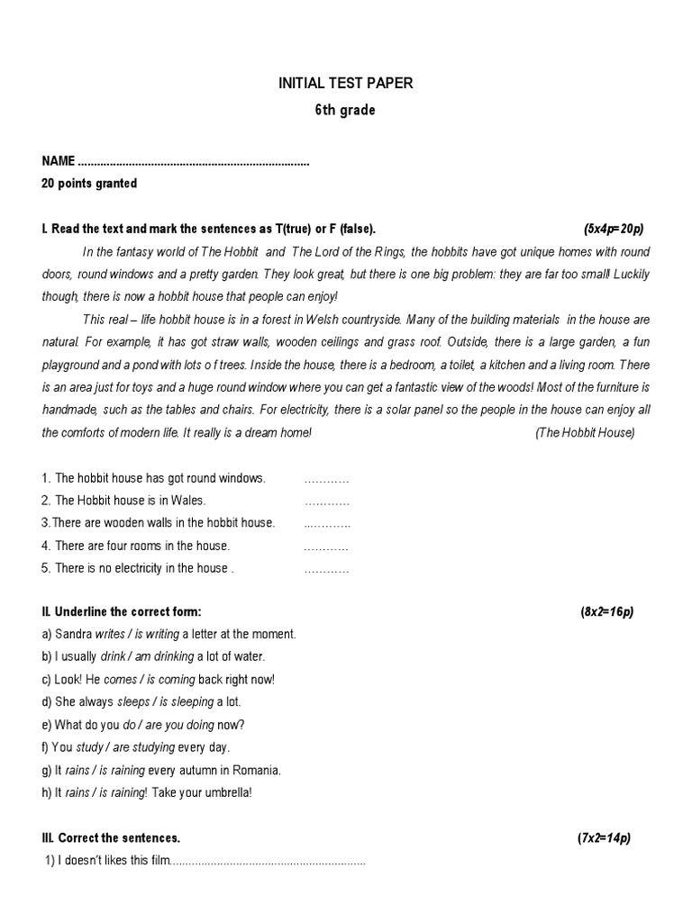 Initial Test Paper 6th Grade | PDF | Hobbit | Window