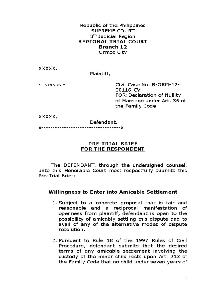 Pre Trial Brief SAMPLE | PDF | Annulment | Marriage
