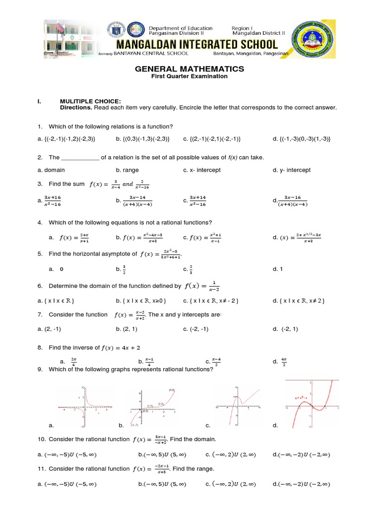 Math Exam for High School Students | PDF | Function (Mathematics ...
