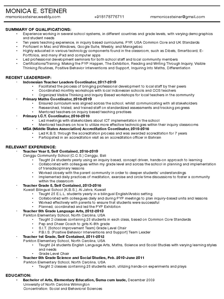 Monica Steiner Resume 2019 | Download Free PDF | Teachers | Curriculum