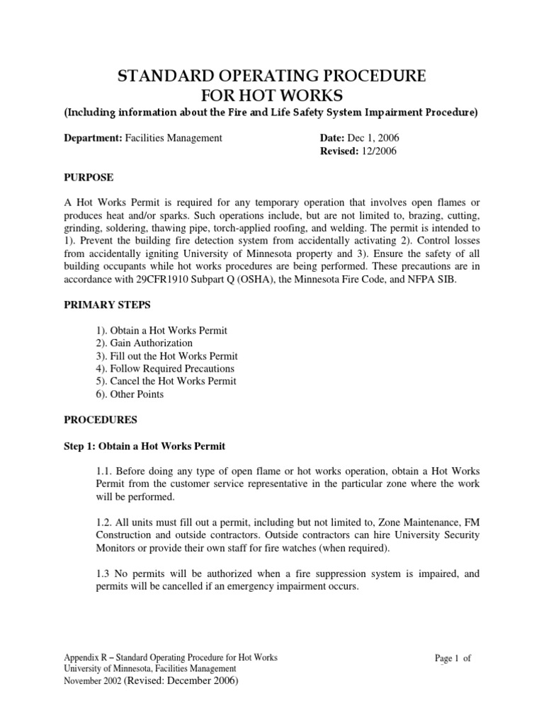 Standard Operating Procedure for Hot Works and Fire and Life Safety ...