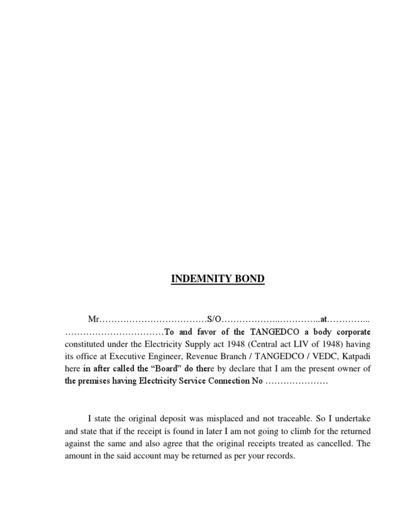 Indemnity Bond Security Deposit Refund | PDF