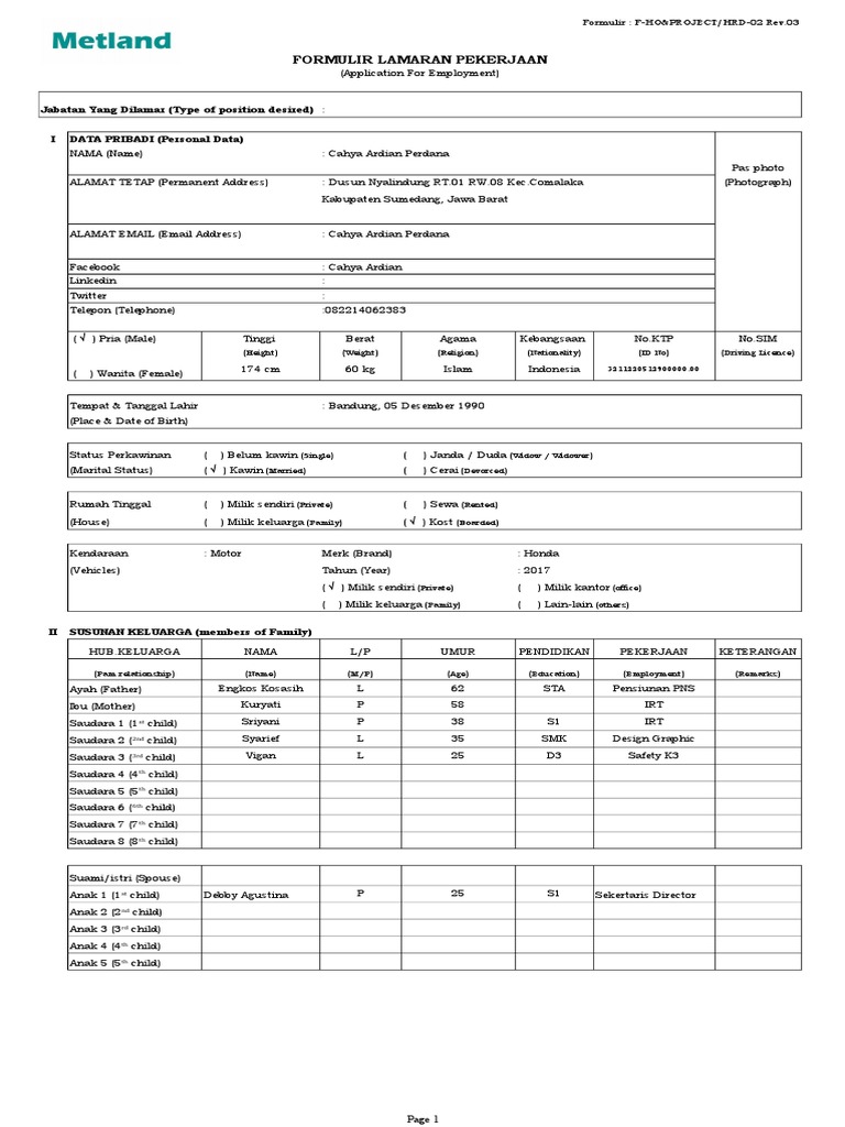 F-ho&Project-hrd-02 Form Lamaran Pekerjaan Rev.03 New | PDF