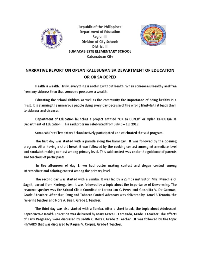 Narrative Report on Ok Sa Dep Ed | Health Sciences | Wellness
