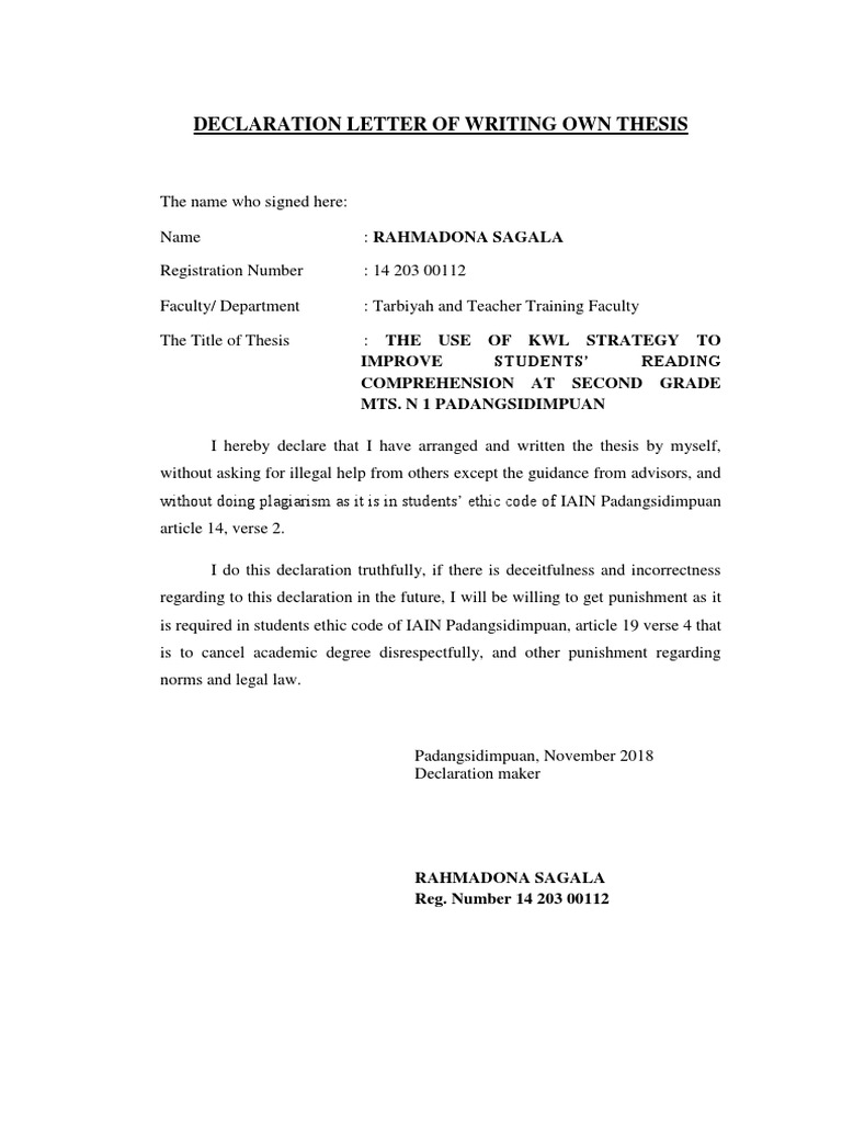 Declaration of Writing Own Thesis | PDF