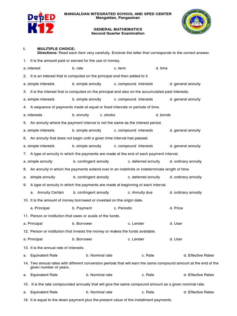 2nd Quarter Exam - Gen Math | PDF | Interest | Annuity (European)
