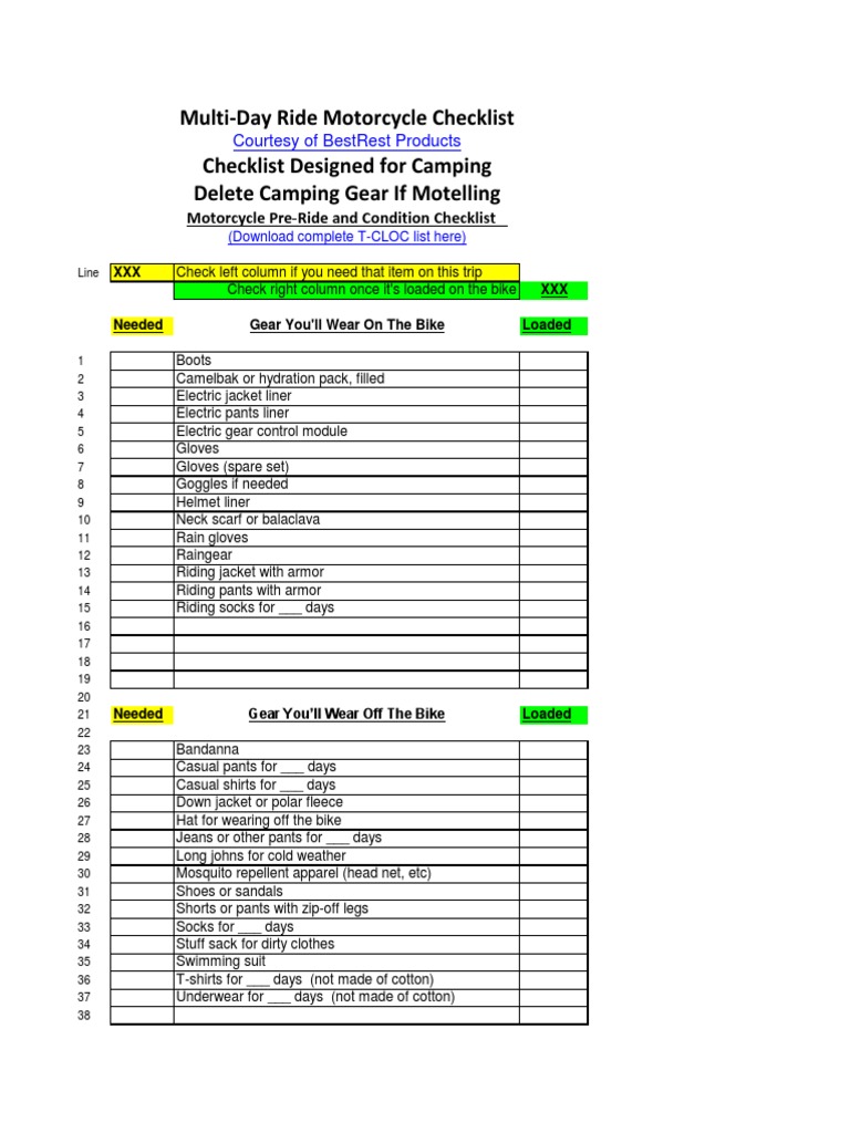 Multi-Day Ride Motorcycle Checklist Checklist Designed For Camping ...